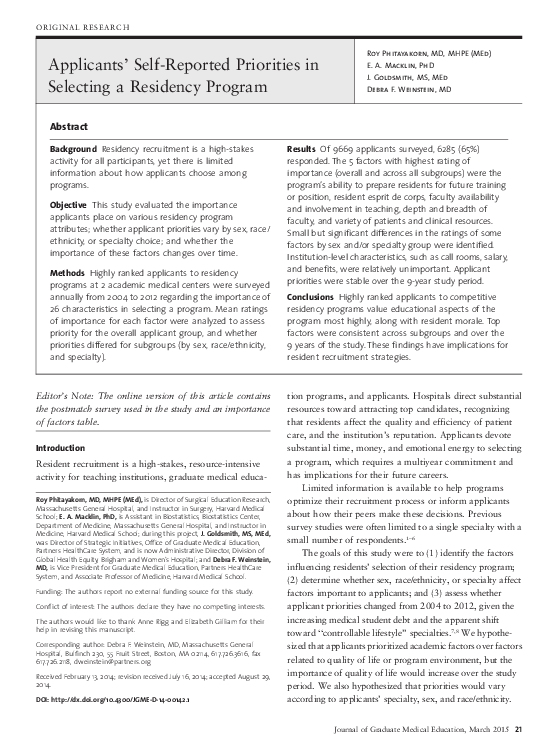 (PDF) Applicants' Self-Reported Priorities in Selecting a Residency Program