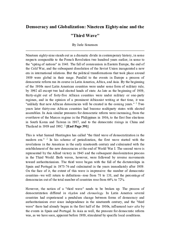 (PDF) Democracy and Globalization: Nineteen Eighty-nine and the "Third Wave