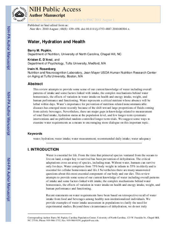 (PDF) Water, Hydration and Health