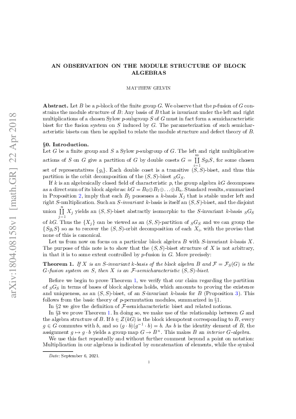 (PDF) An observation on the module structure of block algebras