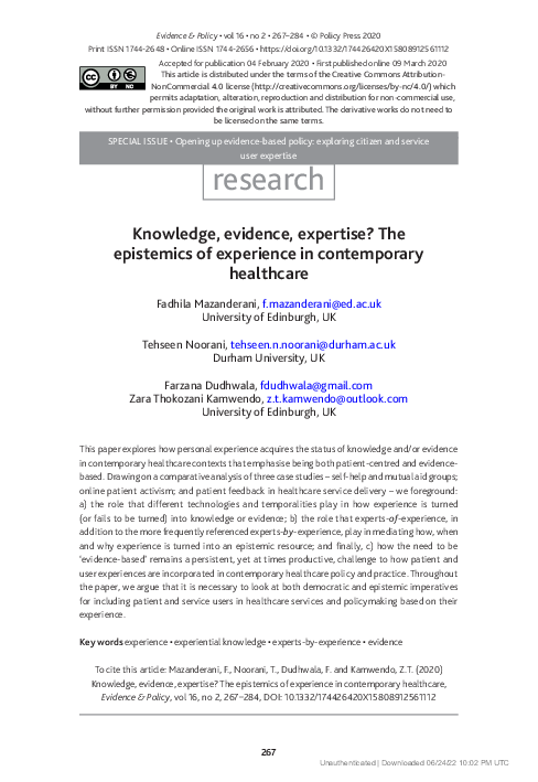 (PDF) Knowledge, evidence, expertise? The epistemics of experience in ...