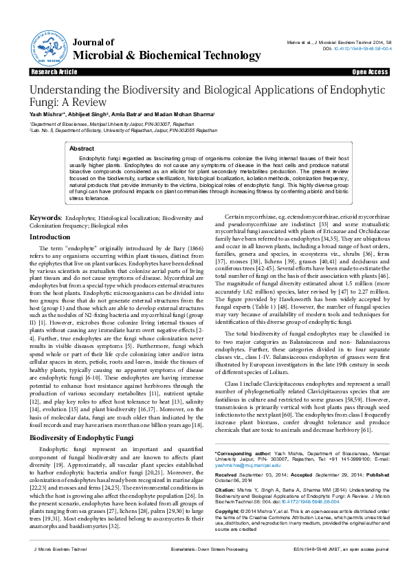 (PDF) Understanding the Biodiversity and Biological Applications of Endophytic Fungi: A Review