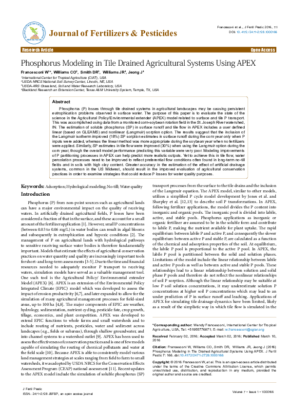 (PDF) Phosphorus Modeling in Tile Drained Agricultural Systems Using APEX