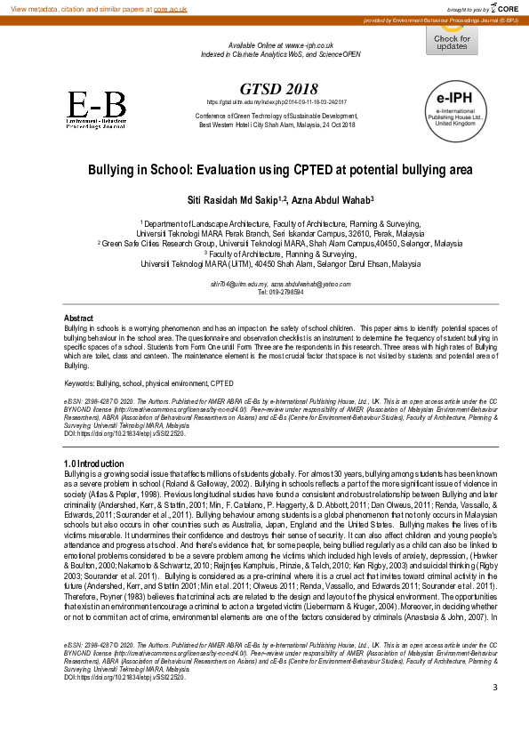 (PDF) Bullying in School: Evaluation using CPTED at potential bullying area