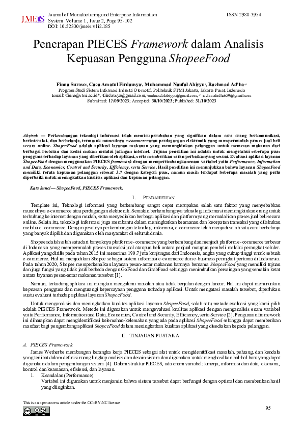 (PDF) Penerapan PIECES Framework dalam Analisis Kepuasan Pengguna ShopeeFood