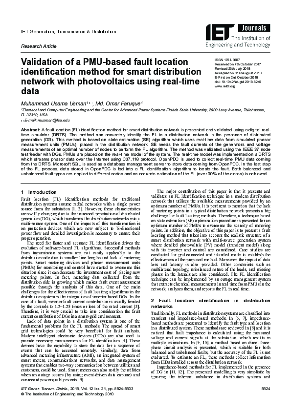 Pdf Validation Of A Pmu‐based Fault Location Identification Method For Smart Distribution