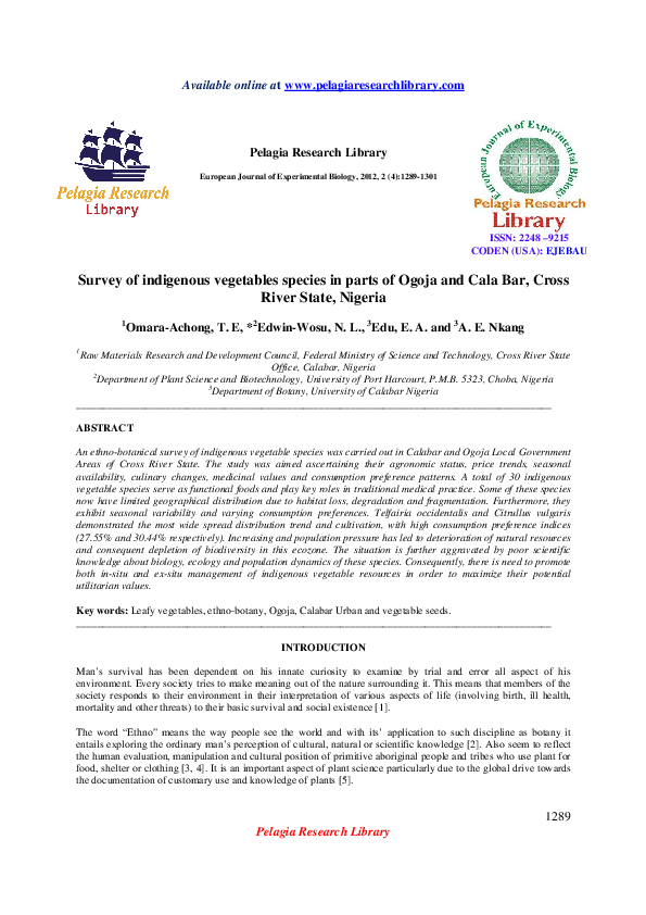 (PDF) Survey of indigenous vegetables species in parts of Ogoja and ...