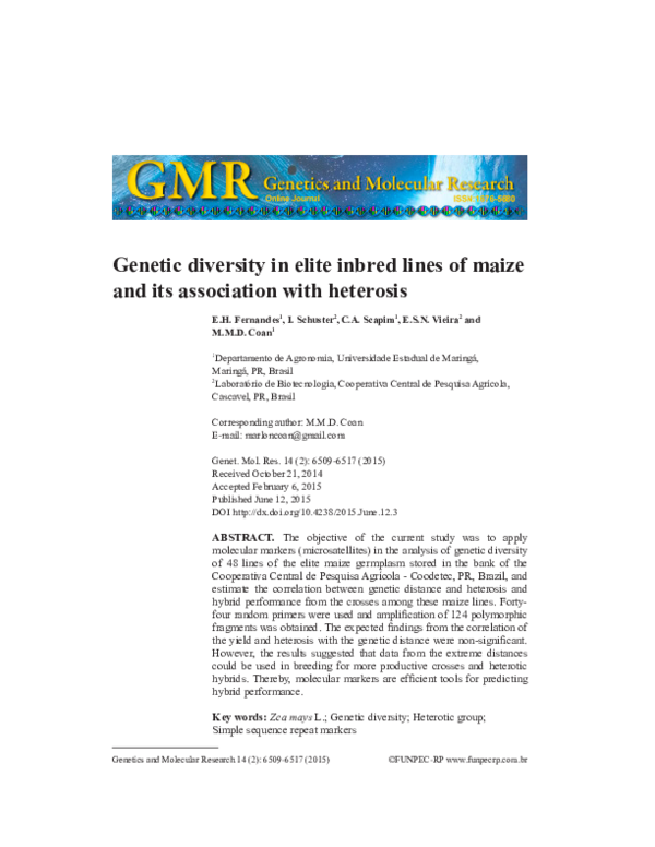 (PDF) Genetic diversity in elite inbred lines of maize and its association with heterosis