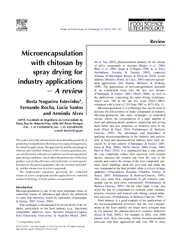 (PDF) Microencapsulation with chitosan by spray drying for industry applications – A review