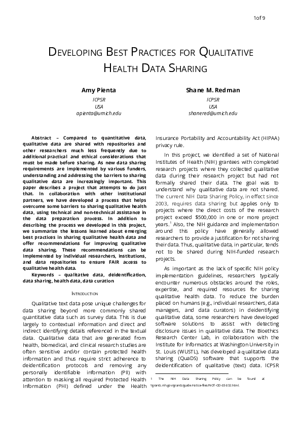 (PDF) Developing Best Practices for Sharing Qualitative Health Data