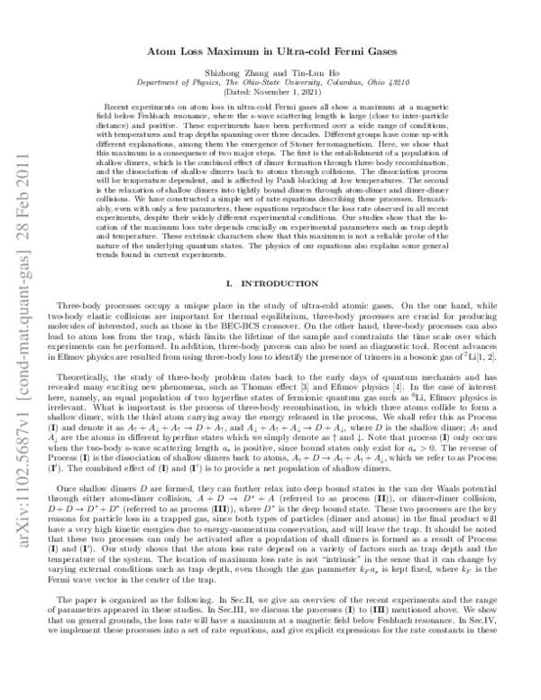 (PDF) Atom loss maximum in ultra-cold Fermi gases