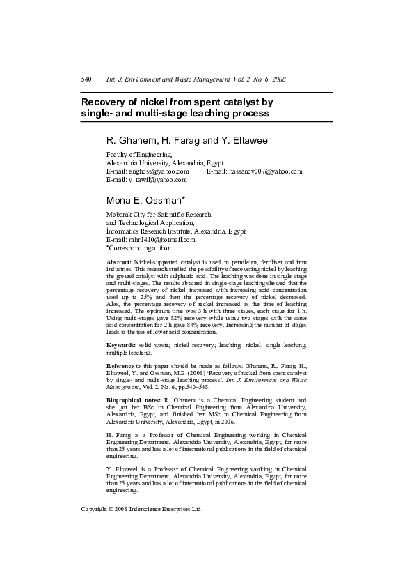 (PDF) Recovery of nickel from spent catalyst by single- and multi-stage ...