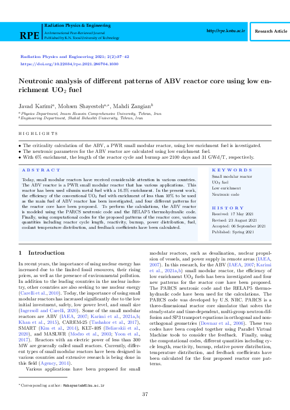 (PDF) Neutronic analysis of different patterns of ABV reactor core using low enrichment UO2 fuel
