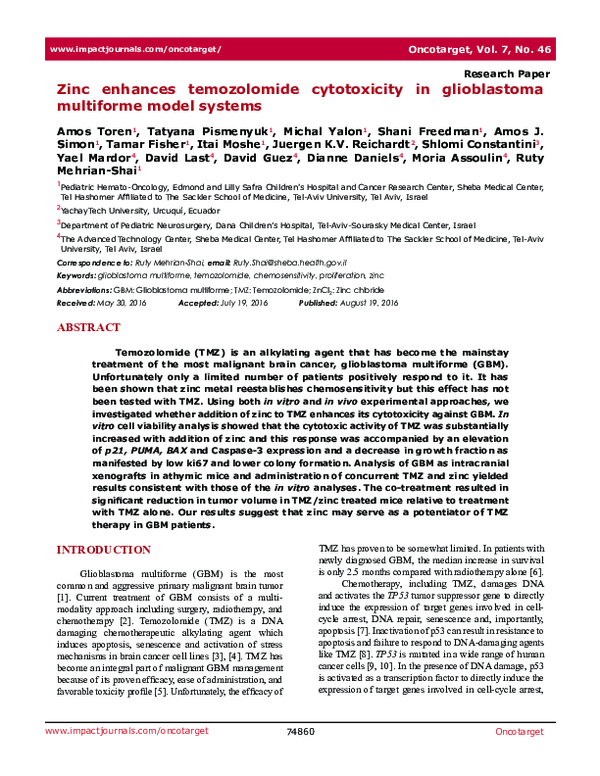 (PDF) Zinc enhances temozolomide cytotoxicity in glioblastoma ...