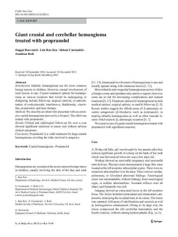 (PDF) Giant cranial and cerebellar hemangioma treated with propranolol ...