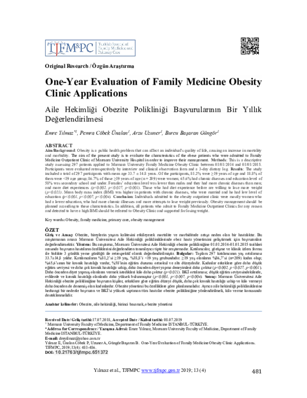 (PDF) One-Year Evaluation of Family Medicine Obesity Clinic Applications | Arzu Uzuner ...