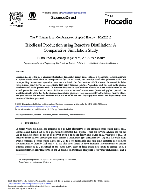 (PDF) Biodiesel Production using Reactive Distillation: A Comparative Simulation Study