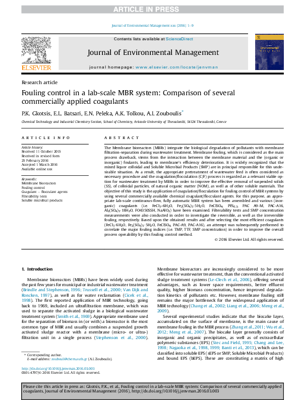 (PDF) Fouling control in a lab-scale MBR system: Comparison of several commercially applied ...