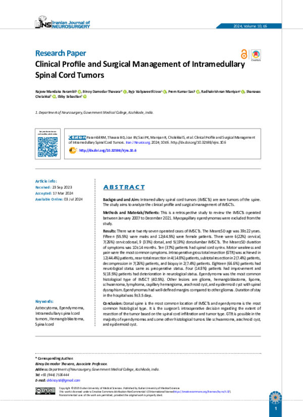 (PDF) Clinical Profile and Surgical Management of Intramedullary Spinal Cord Tumors