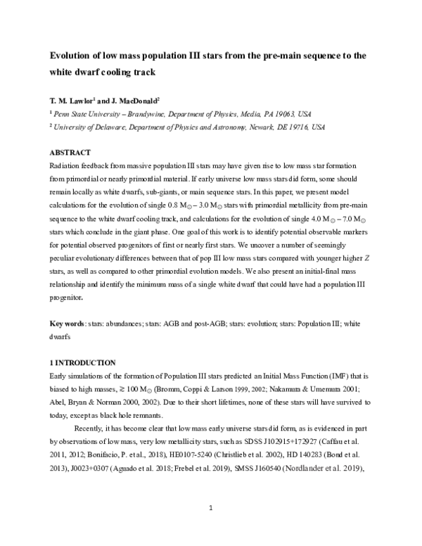 (PDF) Evolution of low mass population III stars from the pre-main ...