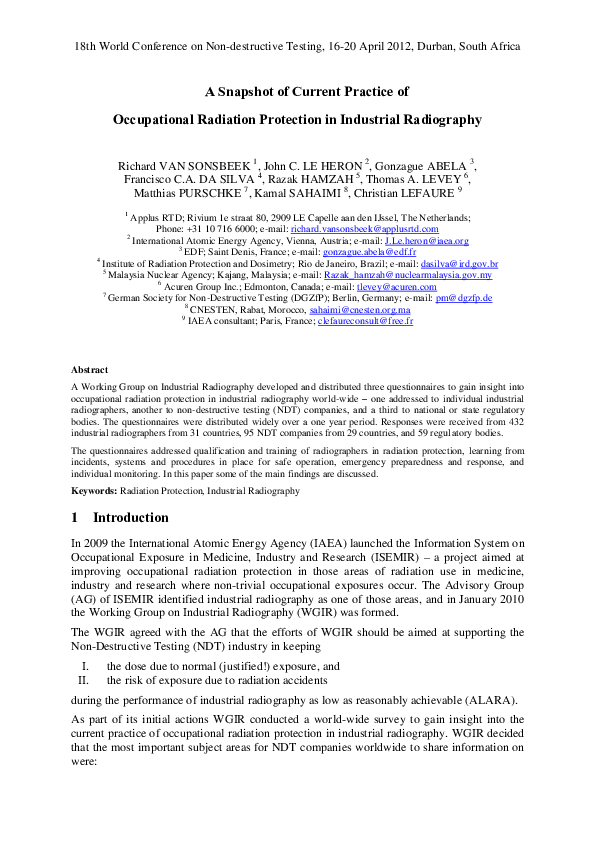 (PDF) A Snapshot of Current Practice of Occupational Radiation Protection in Industrial Radiography