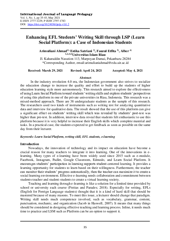 (PDF) Improving EFL Writing Skills via Learn Social Platform in Indonesia