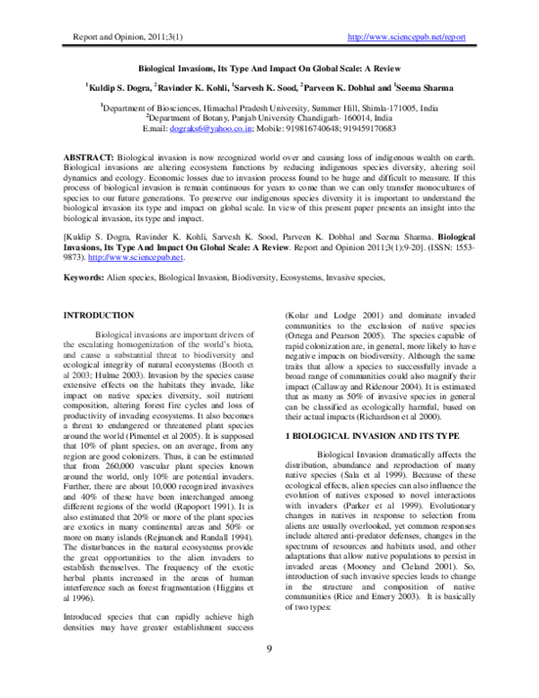 (PDF) Biological Invasions, Its Type And Impact On Global Scale: A Review