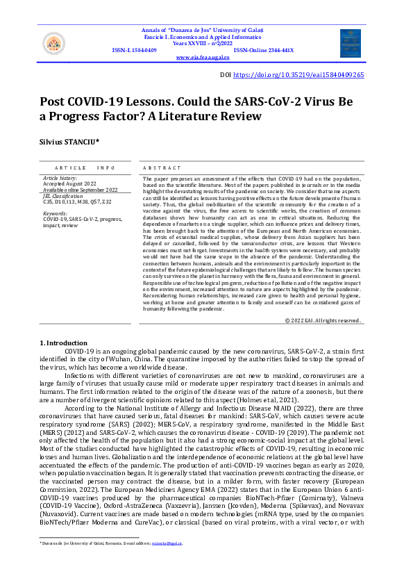 (PDF) Post COVID-19 Lessons. Could the SARS-CoV-2 Virus be a Progress ...