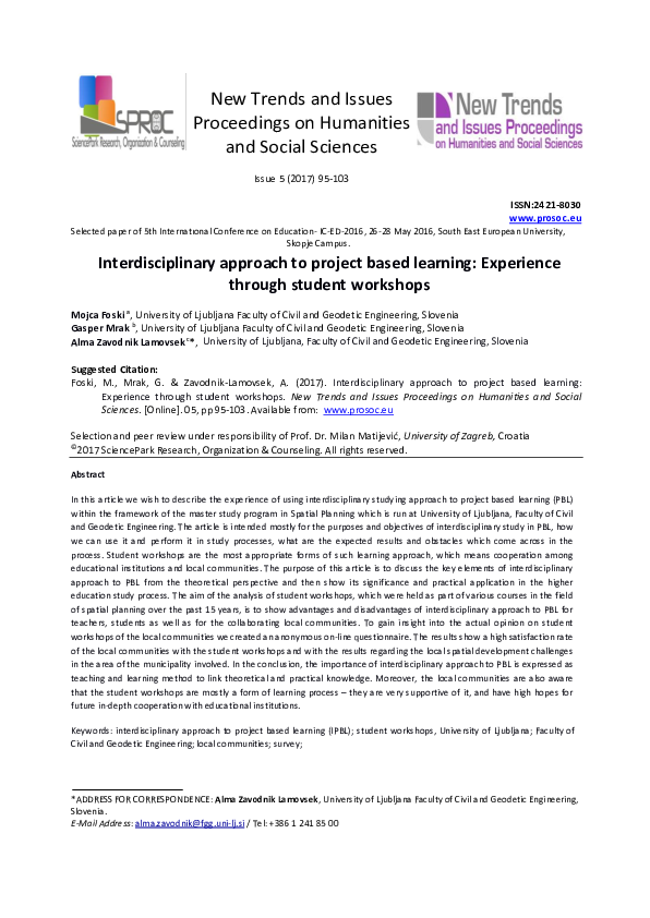 (PDF) Interdisciplinary approach to project based learning: Experience through student workshops ...