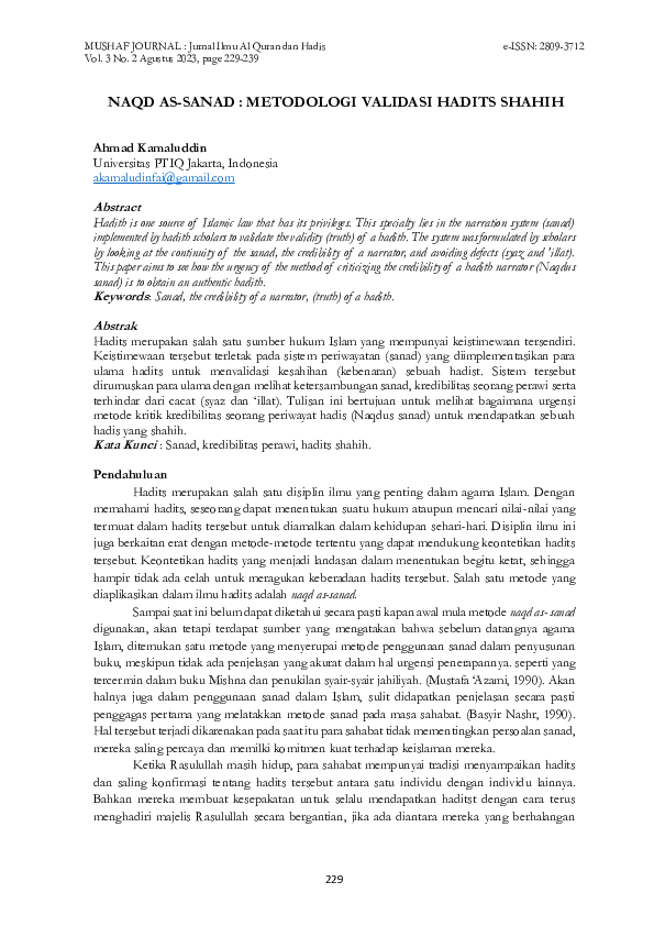 (PDF) Naqd As-Sanad : Metodologi Validasi Hadits Shahih | Ahmad ...
