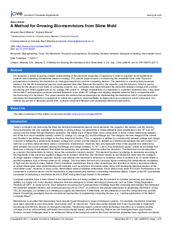 (PDF) A Method for Growing Bio-memristors from Slime Mold