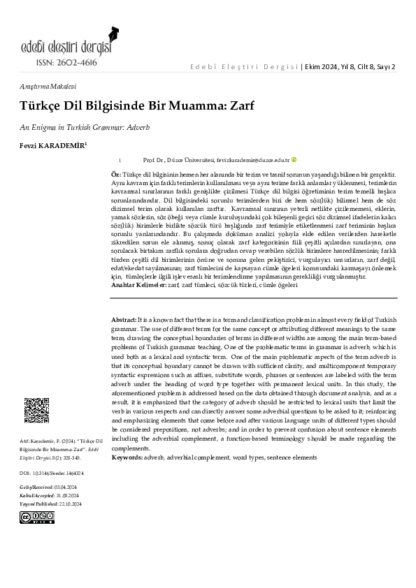 (PDF) Türkçe Dil Bilgisinde Bir Muamma: Zarf An Enigma in Turkish ...