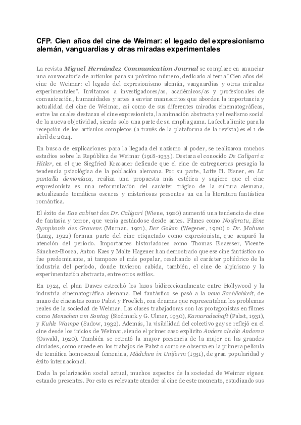(PDF) CFP. Cien años del cine de Weimar: el legado del expresionismo ...