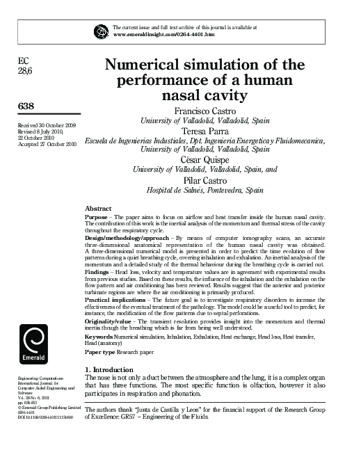(PDF) Numerical simulation of the performance of a human nasal cavity