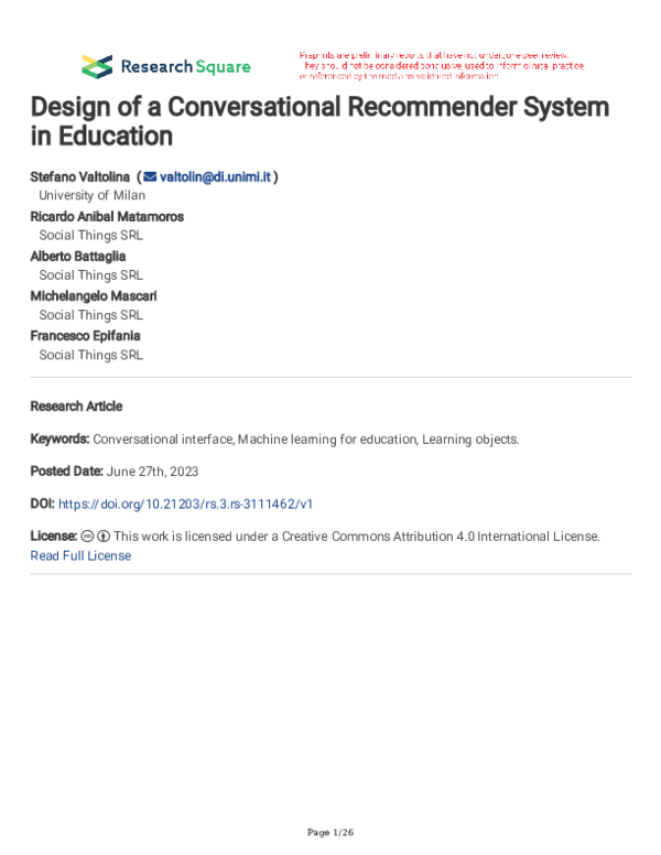 (PDF) Design of a Conversational Recommender System in Education