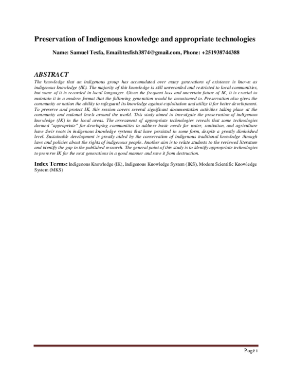 (PDF) Preservation of Indigenous knowledge and appropriate technologies