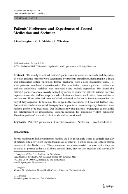 (PDF) Patients’ Preference and Experiences of Forced Medication and Seclusion