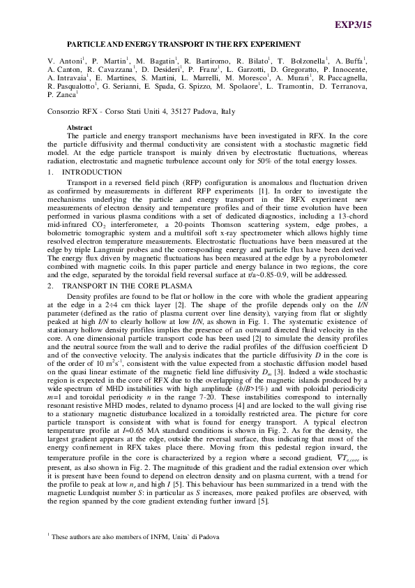 (PDF) Particle and Energy Transport in the RFX Experiment