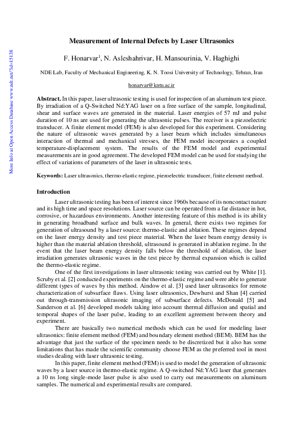 (PDF) Measurement of Internal Defects by Laser Ultrasonics