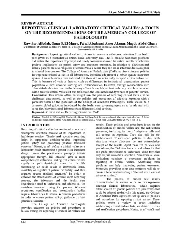 (PDF) Reporting Clinical Laboratory Critical Values: A Focus On The ...