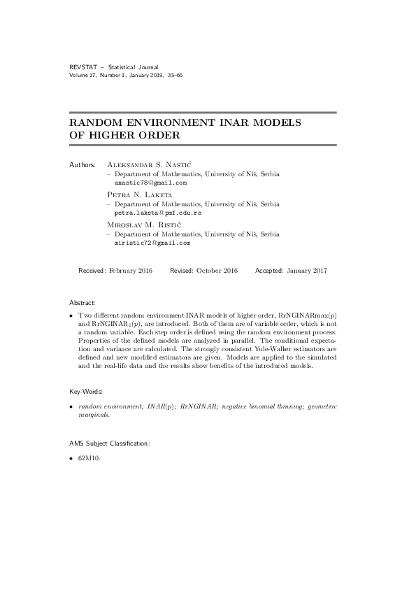 Pdf Random Environment Inar Models Of Higher Order