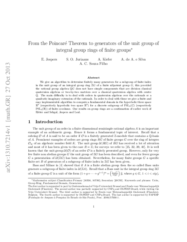(PDF) From the Poincar\'e Theorem to generators of the unit group of integral group rings of ...