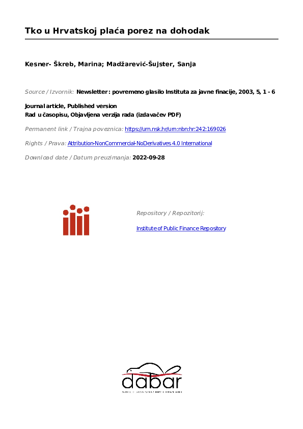 (PDF) Tko u Hrvatskoj plaća porez na dohodak