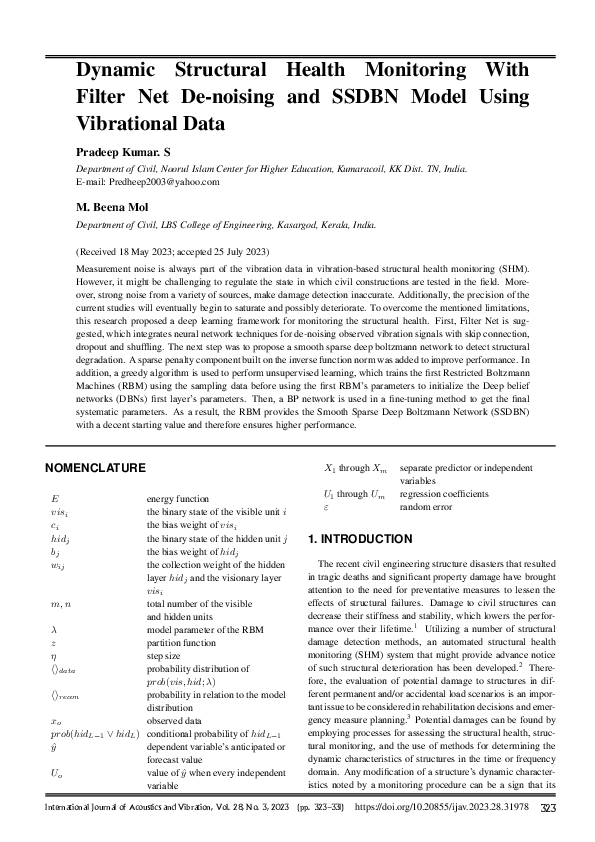 (PDF) Dynamic Structural Health Monitoring With Filter Net De-noising and SSDBN Model Using ...