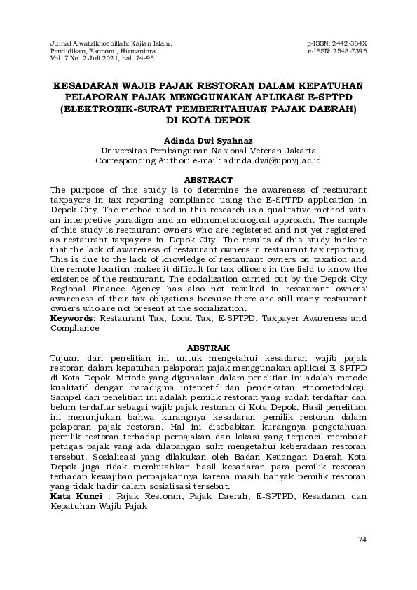 (PDF) Kesadaran Wajib Pajak Restoran Dalam Kepatuhan Pelaporan Pajak ...