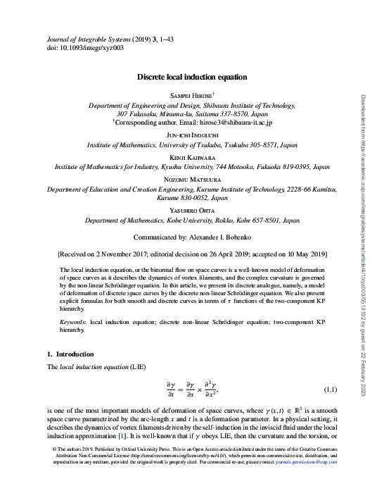 (PDF) Discrete local induction equation | Kenji Kajiwara - Academia.edu
