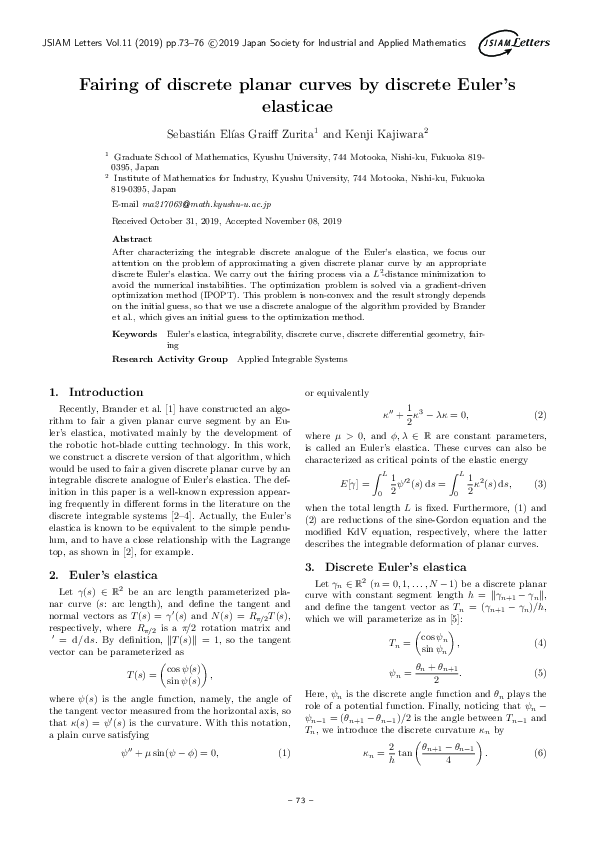 (PDF) Fairing of discrete planar curves by discrete Euler's elasticae | Kenji Kajiwara ...