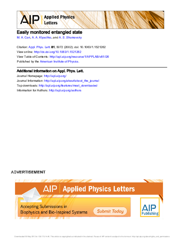 (PDF) Easily monitored entangled state