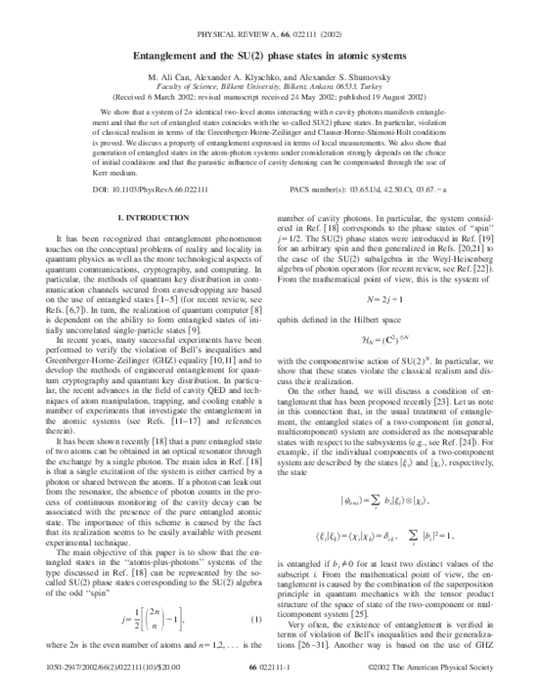 (PDF) Entanglement and the SU(2) phase states in atomic systems