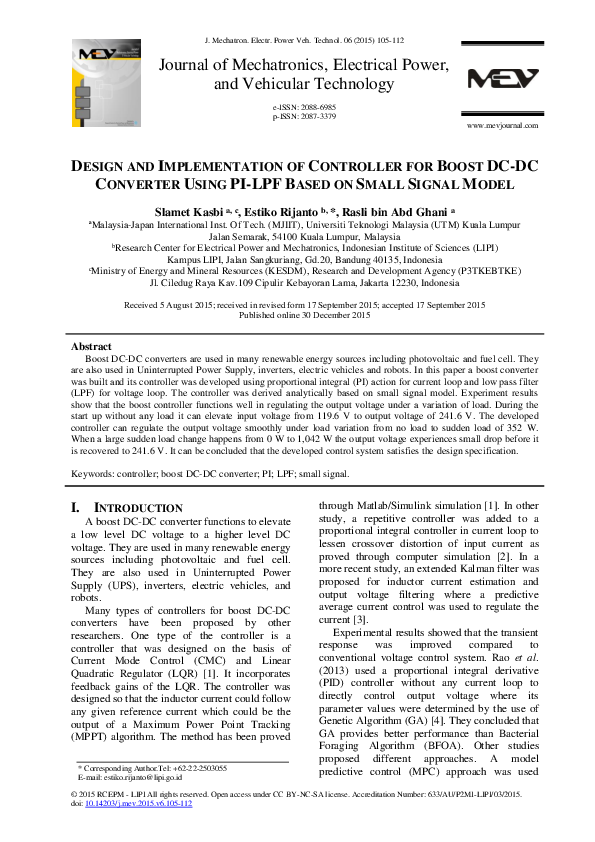(PDF) Design and Implementation of Controller for Boost DC-DC Converter Using PI-LPF Based on ...